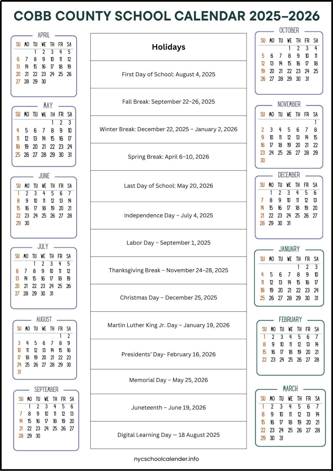 Cobb County School Calendar 2025–2026 with Dates