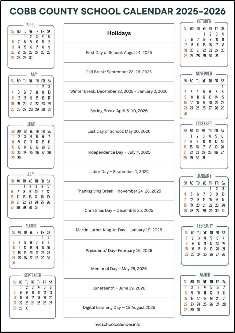 Cobb County School Calendar 2025–2026 with Dates