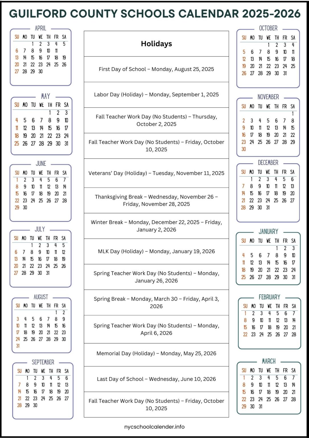 Guilford County Schools Calendar 2025-2026 with Holidays