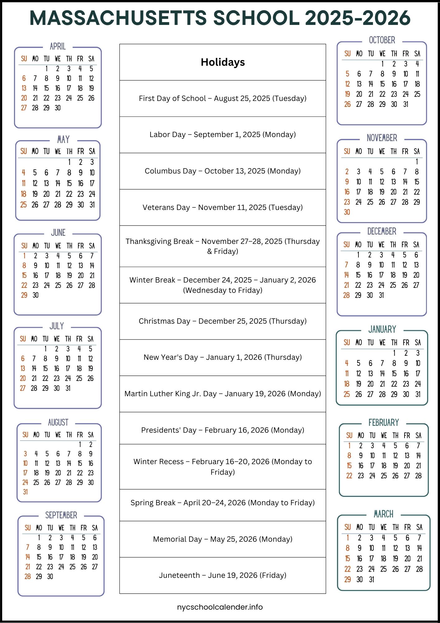 Massachusetts Schools Calendar ( MA) 2026-2027 [Schedule]