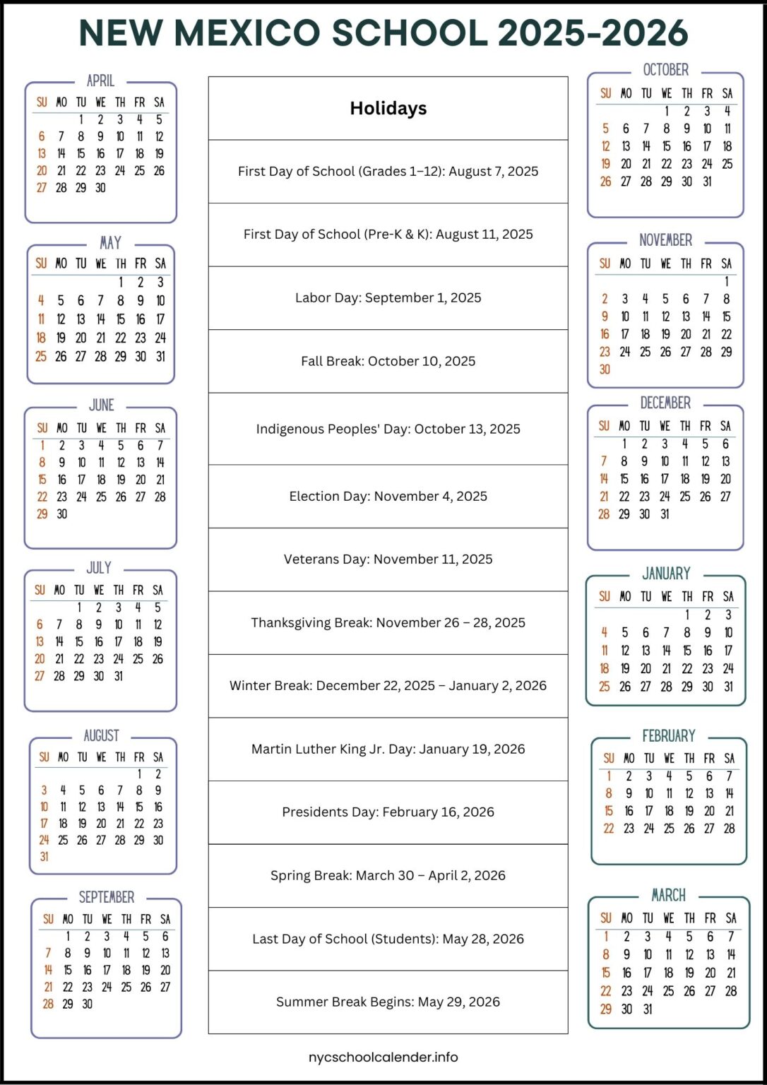 New Mexico Schools Calendar (NM) 2026-2027 [Schedule]