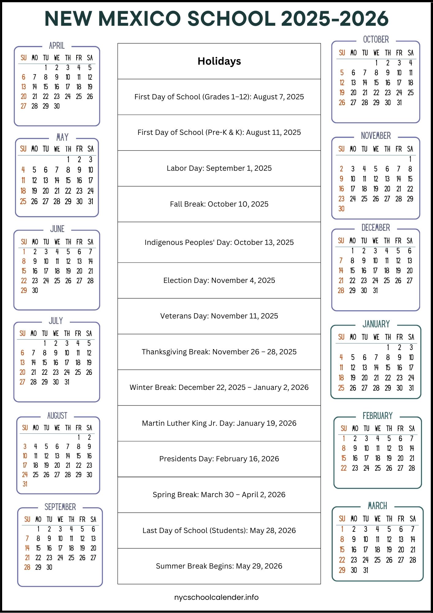 New Mexico Schools Calendar (NM) 2026-2027 [Schedule]