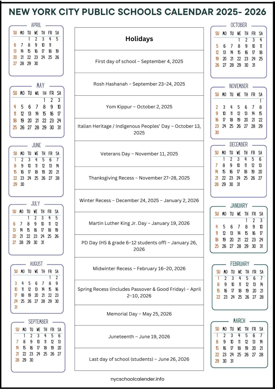 New York City Public Schools Calendar 2025- 2026 with Holidays