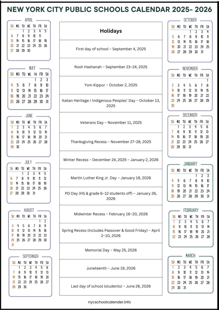 New York City Public Schools Calendar 2025- 2026 with Holidays