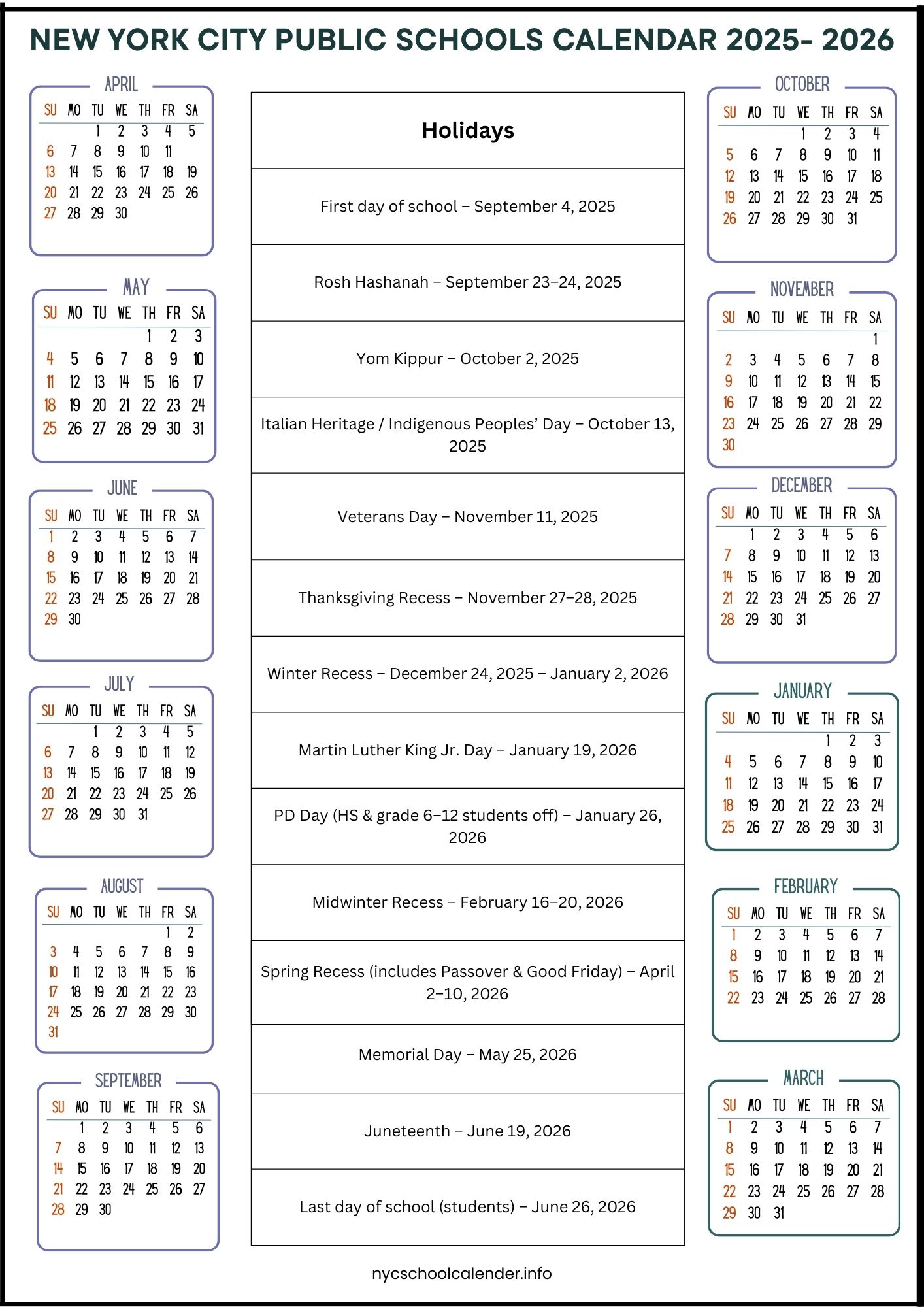 New York City Public Schools Calendar 2025- 2026 with Holidays