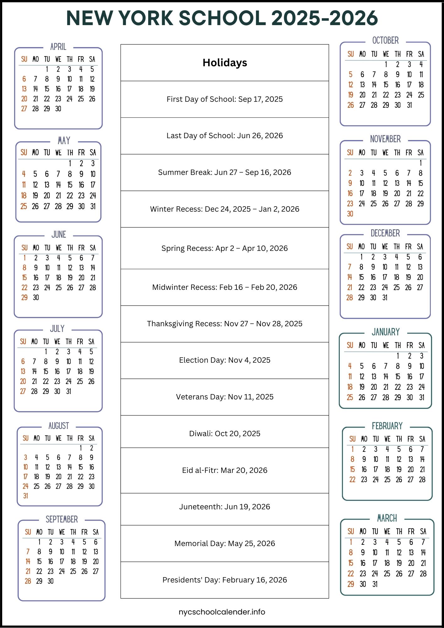 New York Schools Calendar (NY) 2025-2026 [Schedule]