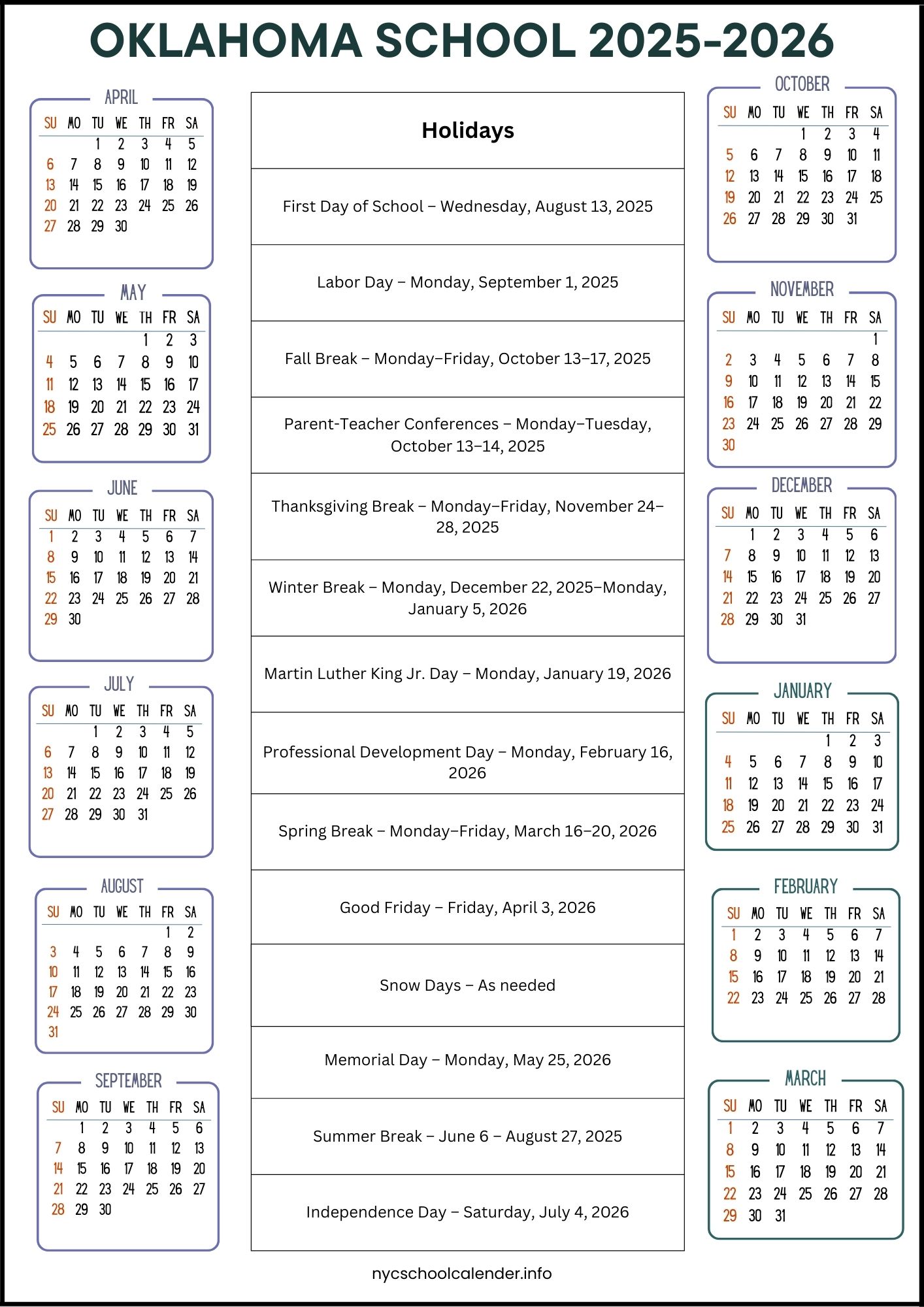 Oklahoma School Calendar (OK) 2025-2026 [Schedule]