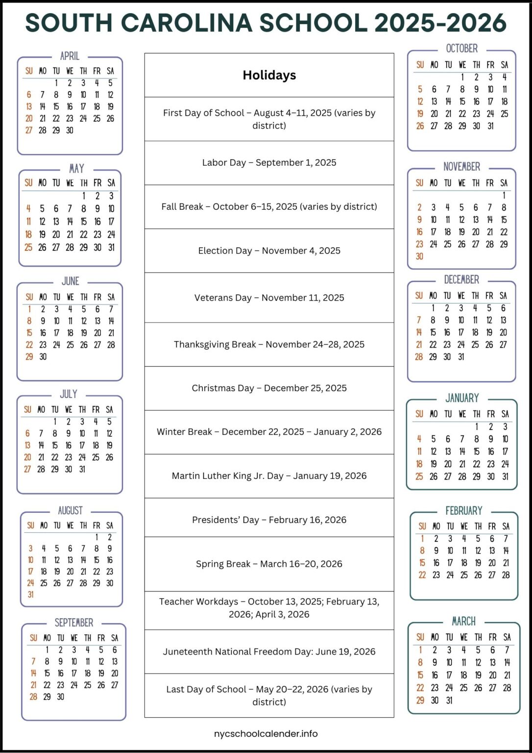 South Carolina Schools Calendar (SC) 2026-2027 [Schedule]