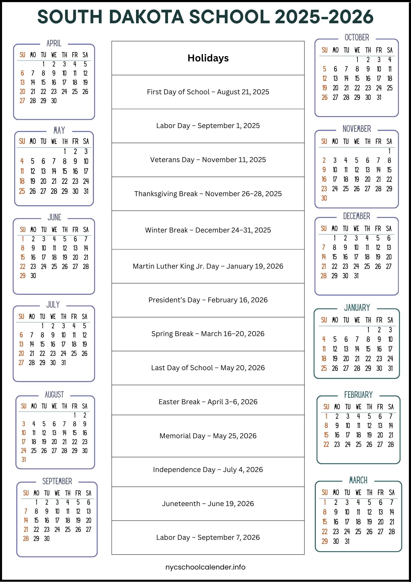 South Dakota Schools Calendar (SD) 2026-2027 [Schedule]