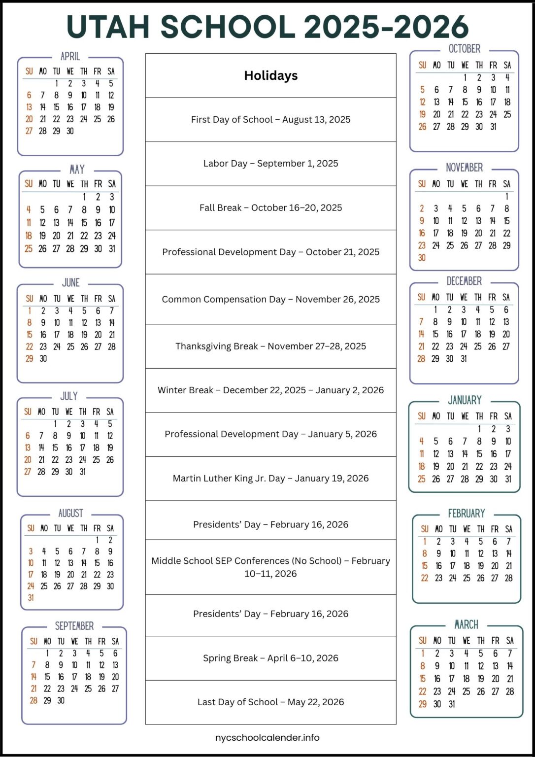 Utah Schools Calendar (UT) 2025-2026