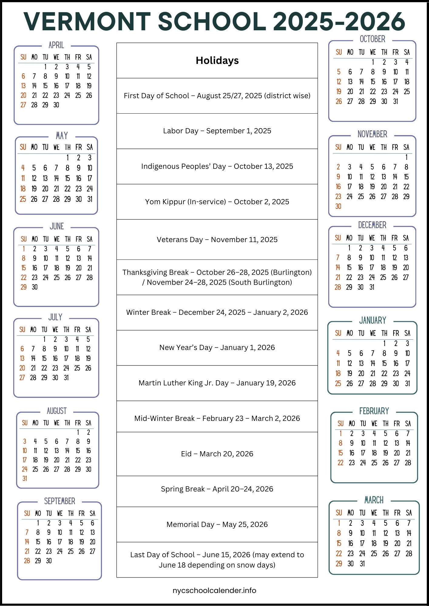 Vermont Schools Calendar (VT) 2025-2026 [Schedule]
