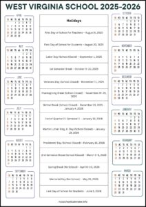 West Virginia Schools Calendar (WV) 2025-2026 [Schedule]