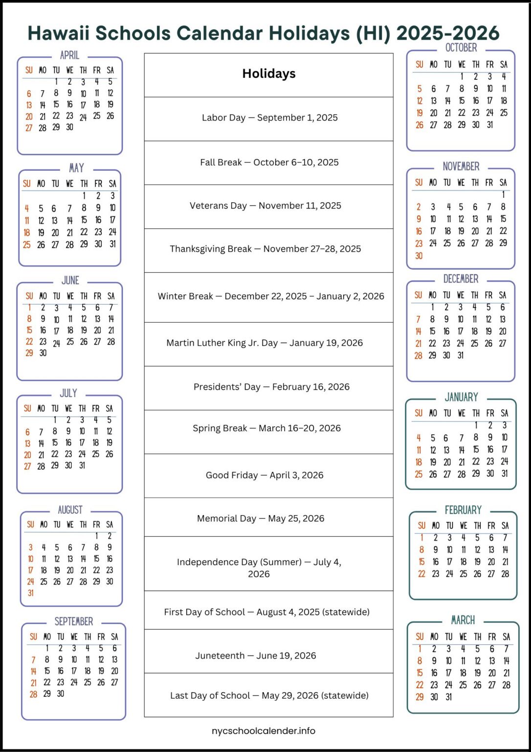 Hawaii School Calendar (HI) 2025-2026 [Schedule]