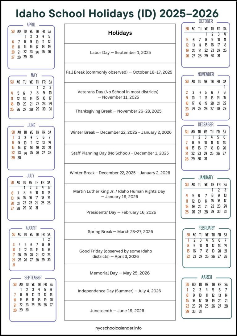Idaho School Calendar (ID) 2026-2027 [Schedule]