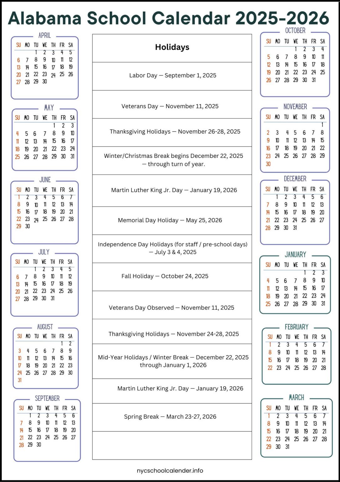 Alabama School Calendar (AL) 2026-2027 [Schedule]