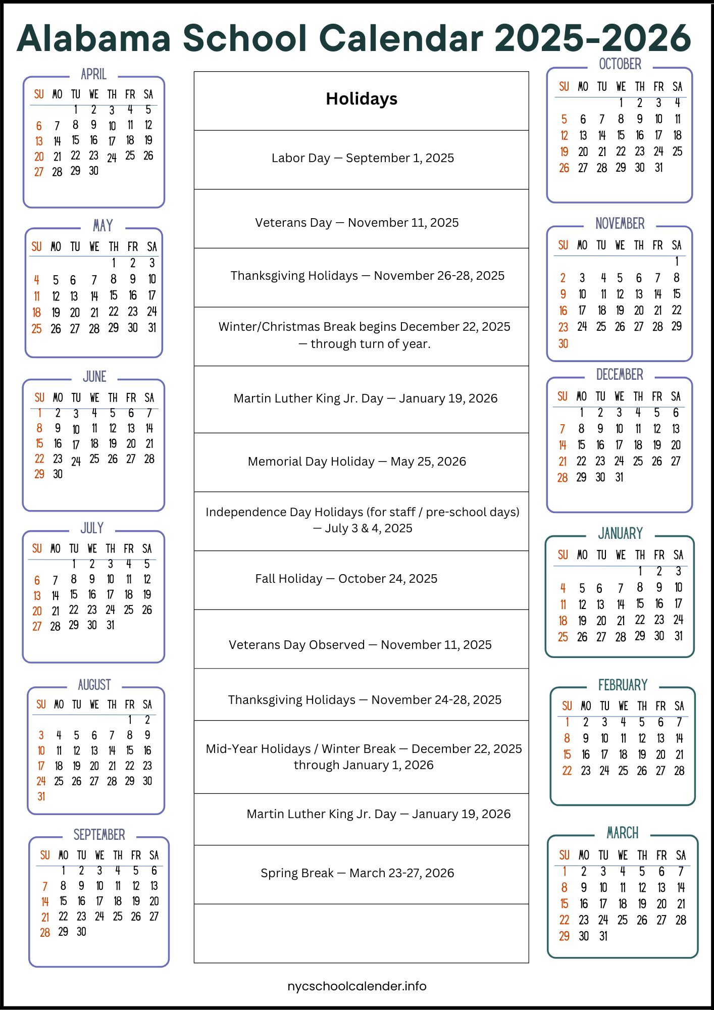 Alabama School Calendar (AL) 2026-2027 [Schedule]