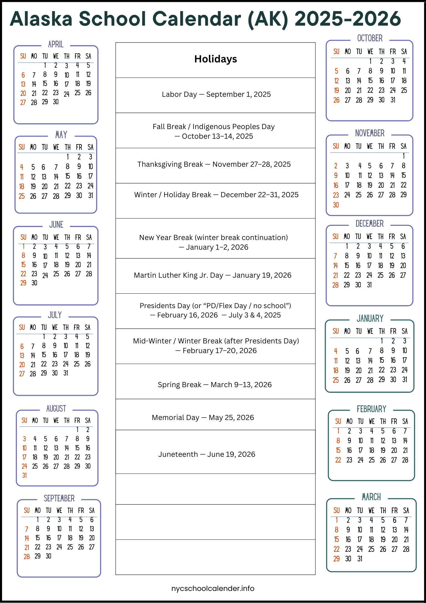 Alaska School Calendar (AK) 2025-2026 [Schedule]