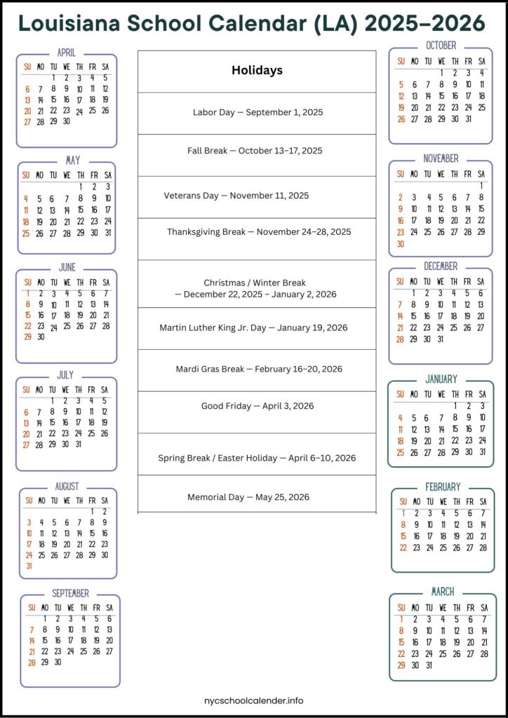 Louisiana School Calendar (LA) 2026-2027 [Schedule]